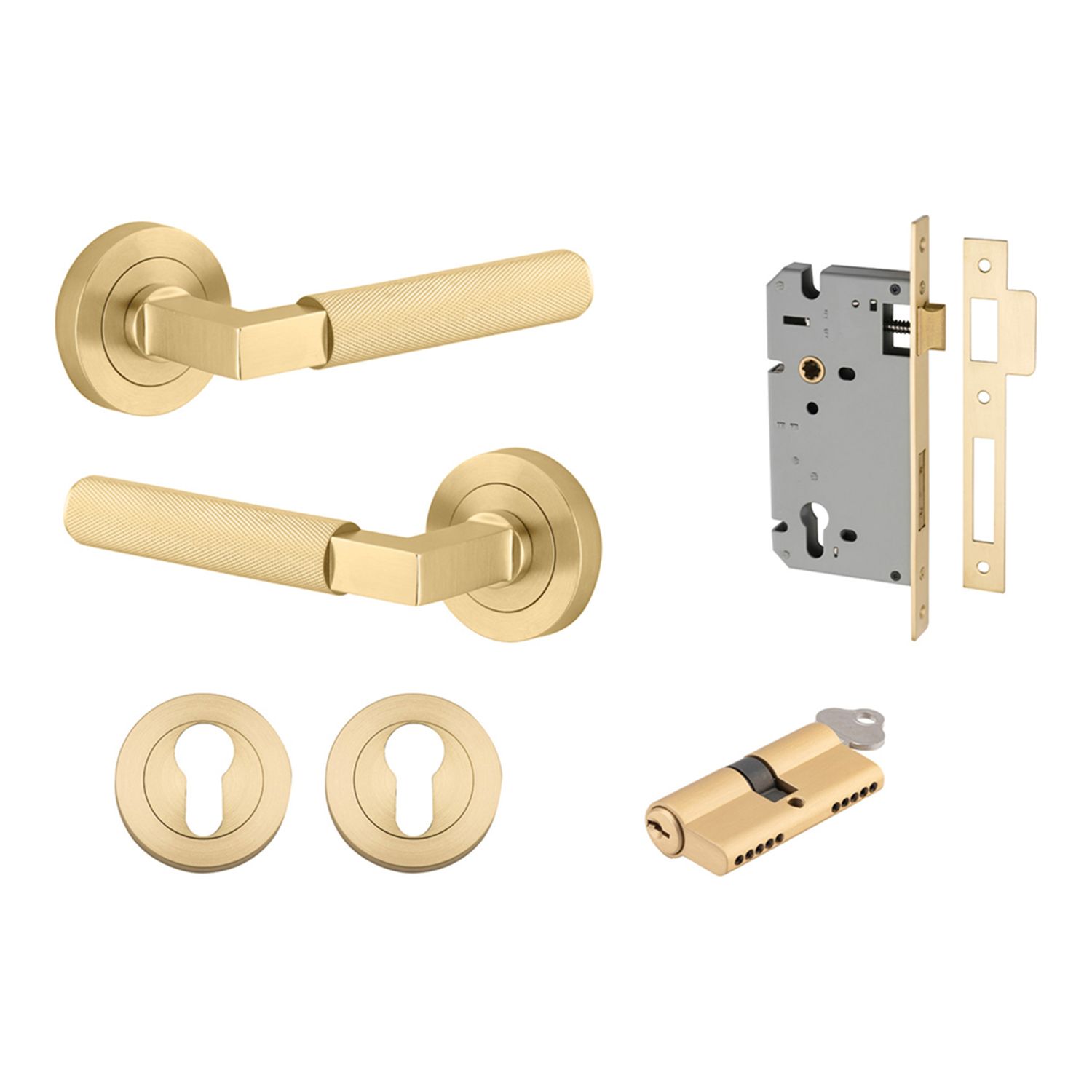 Iver Brunswick Entry Leverset with Round Rose Brushed Gold PVD | Bowens